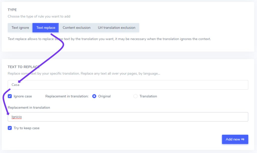 Text replacement rules, replace content in translations