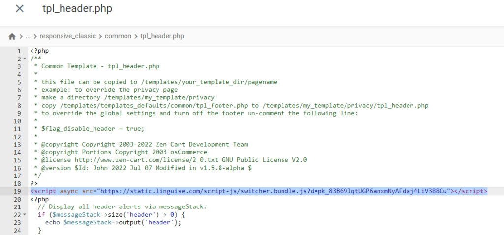 Install Linguise automatic translation on Zen Cart