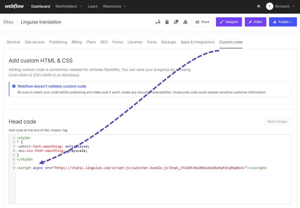 Setup Linguise automatic translation on Webflow