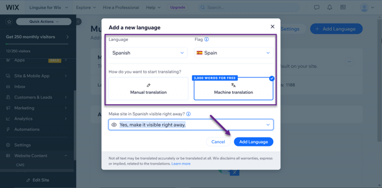 How to implement Spanish translation to a Wix website