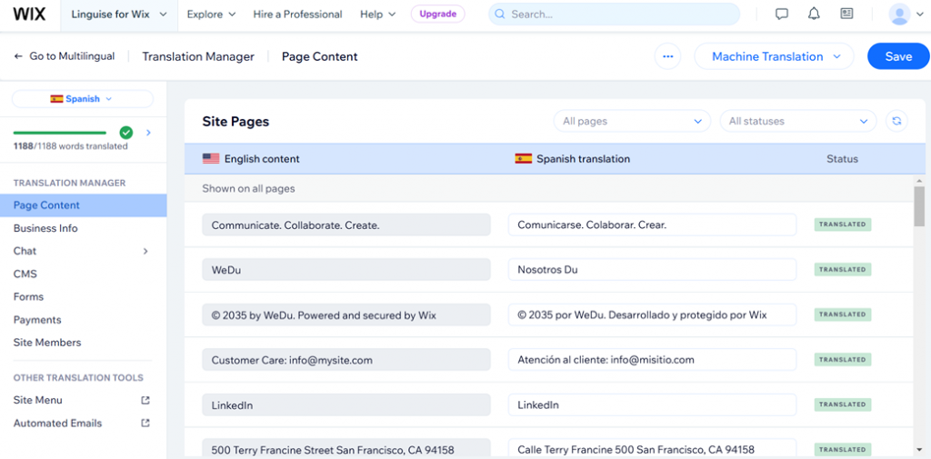 How to implement Spanish translation to a Wix website